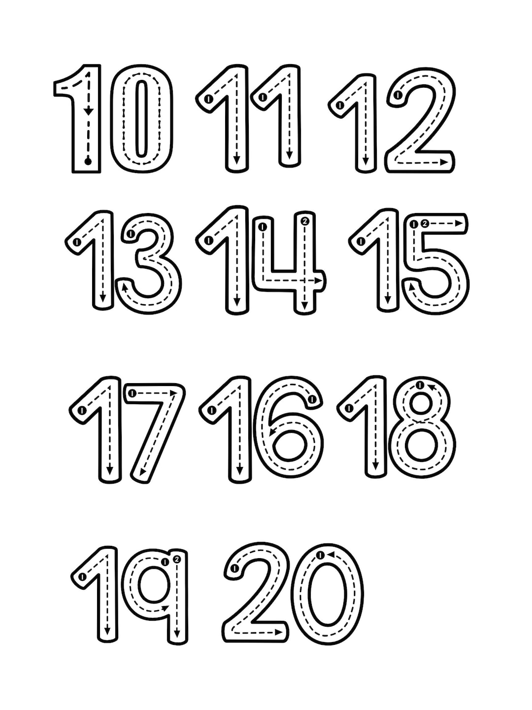 Number Trace 10-20|preschool Coloring Page (PDF/PNG Download - Etsy