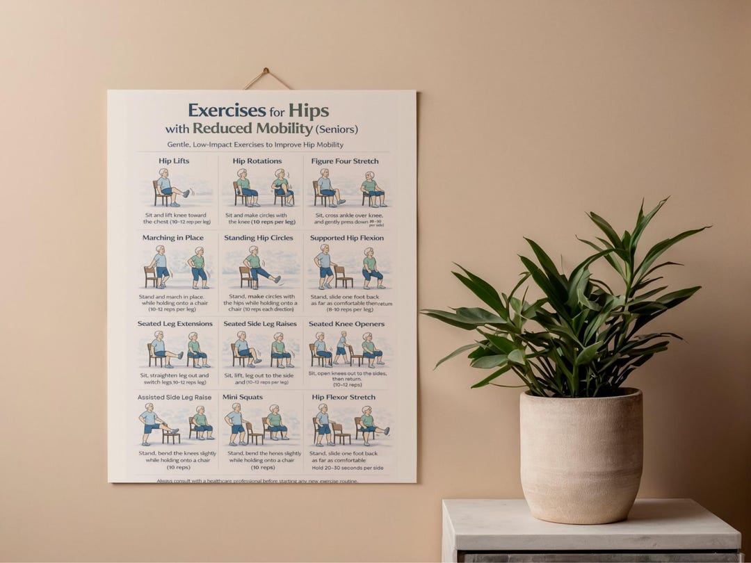 Hip Mobility Exercises for Seniors Printable | Chair & Standing Hip ...