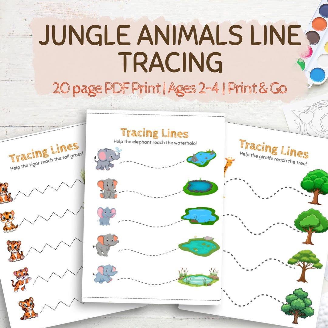 Jungle Animal Line Tracing Worksheet | Learn Through Play Pre-writing ...