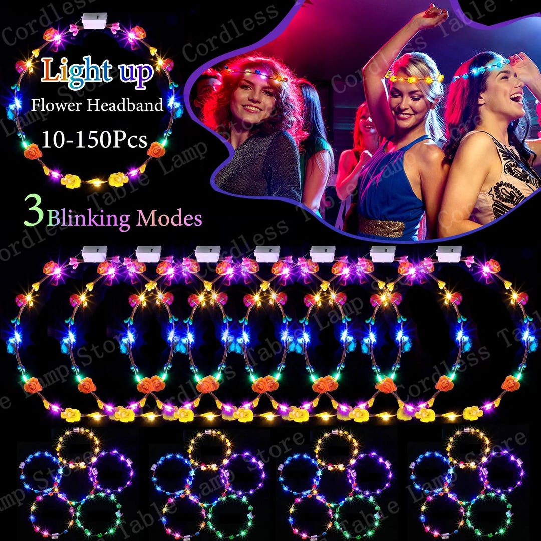 10–300 PCS LED Flower Crown Headbands, Light up Glowing Flower Garland ...