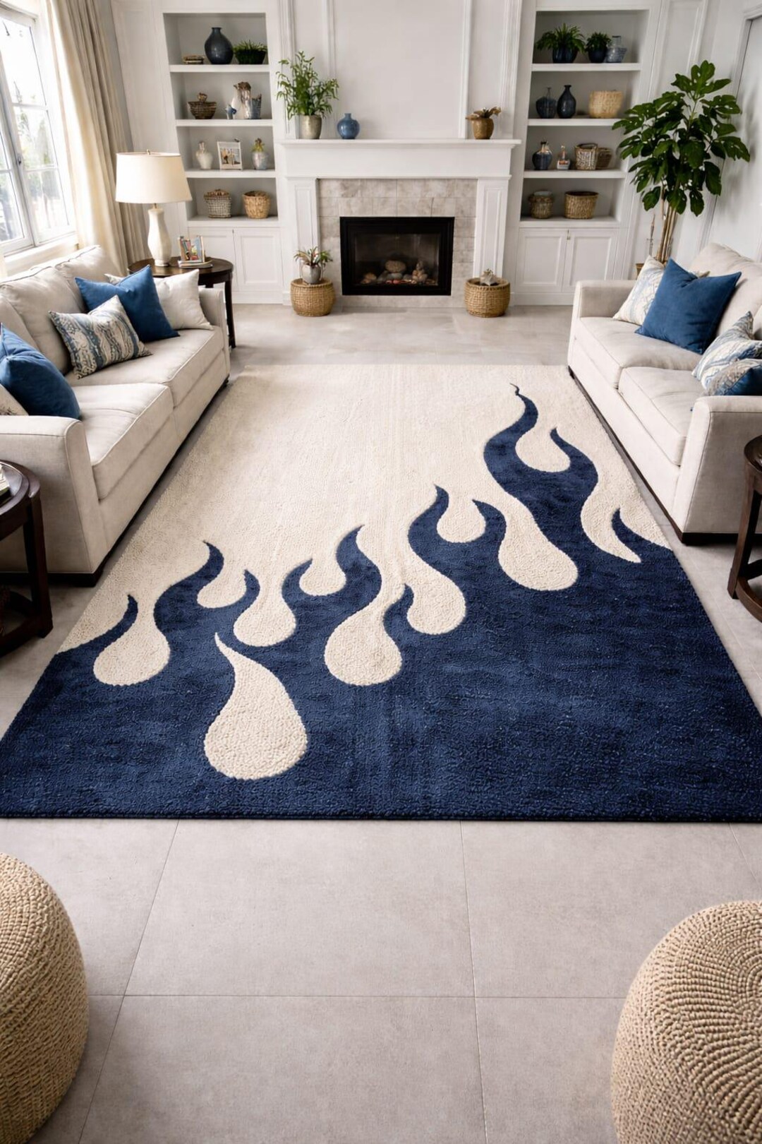 Hand Tufted Blue Graphic Wool Flame Rug | Cozy Living Room Area Carpet ...