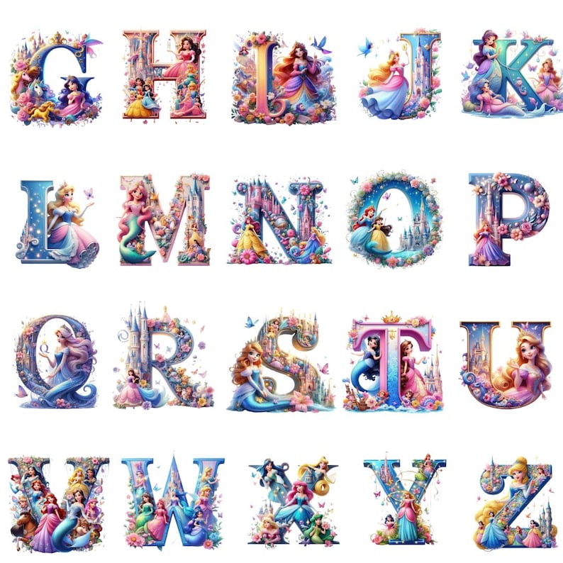 Princess Alphabet PNG Clipart Bundle, Fairytale Letters A–Z, Princess ...