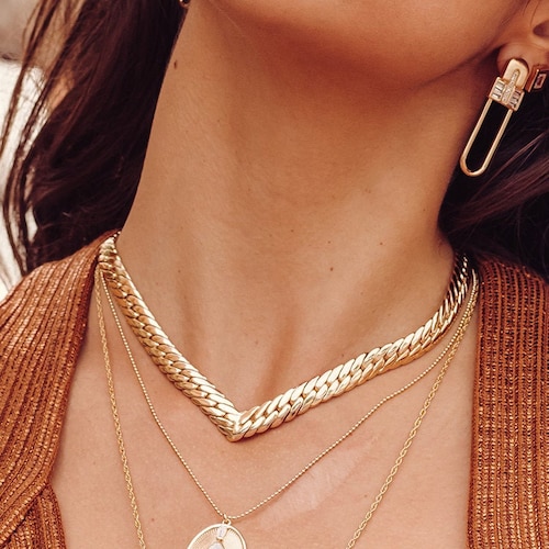 Chevron Herringbone Chain Necklace Thick Gold Chain Collar - Etsy