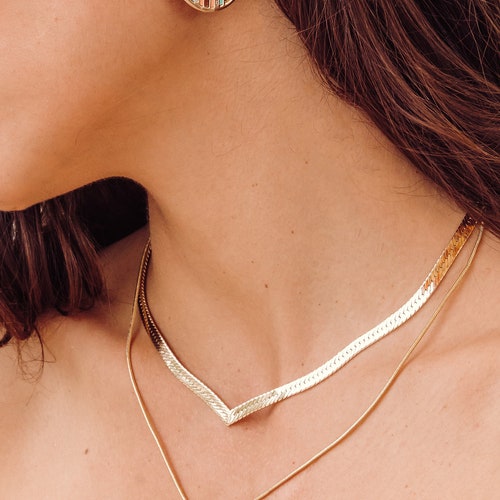 Chevron Herringbone Chain Necklace Thick Gold Chain Collar - Etsy