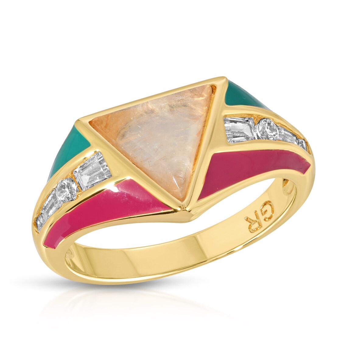 Triangle Moonstone Enamel Ring, 14K Gold Over Brass, Colorful Statement ...