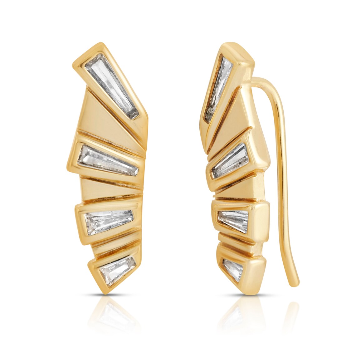 Sunray Ear Climbers, Baguette Ear Crawlers, Gold Ear Cuff, Gemstone ...