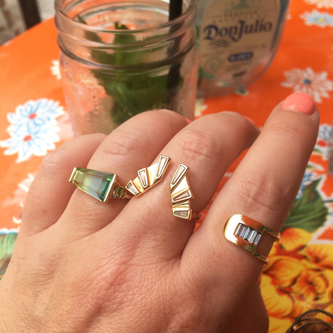 Sunray Ring, Adjustable Curved Band Ring, Gold Baguette Gemstone Ring ...