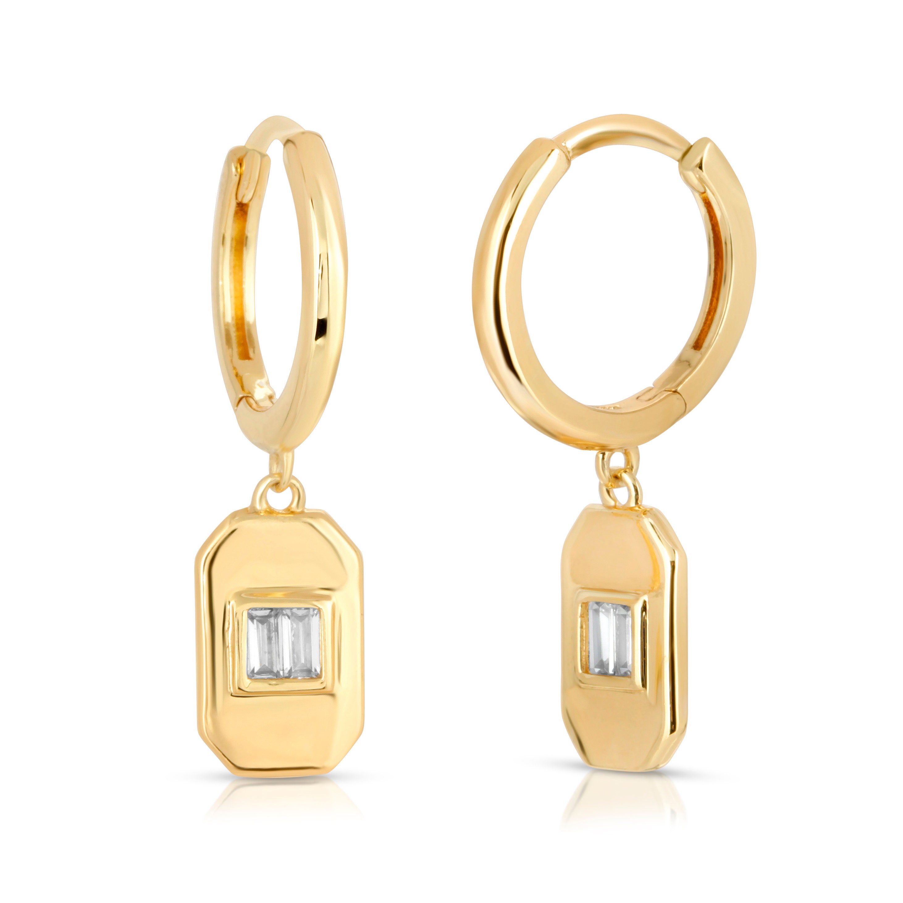 Gold Charm Hoop Earring Small Huggie Hoop with CZ Baguette | Etsy