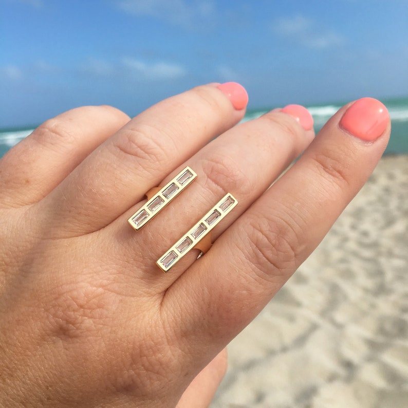 Baguette Double Bar Ring, Adjustable Parallel Bar Ring, Rectangle CZ ...