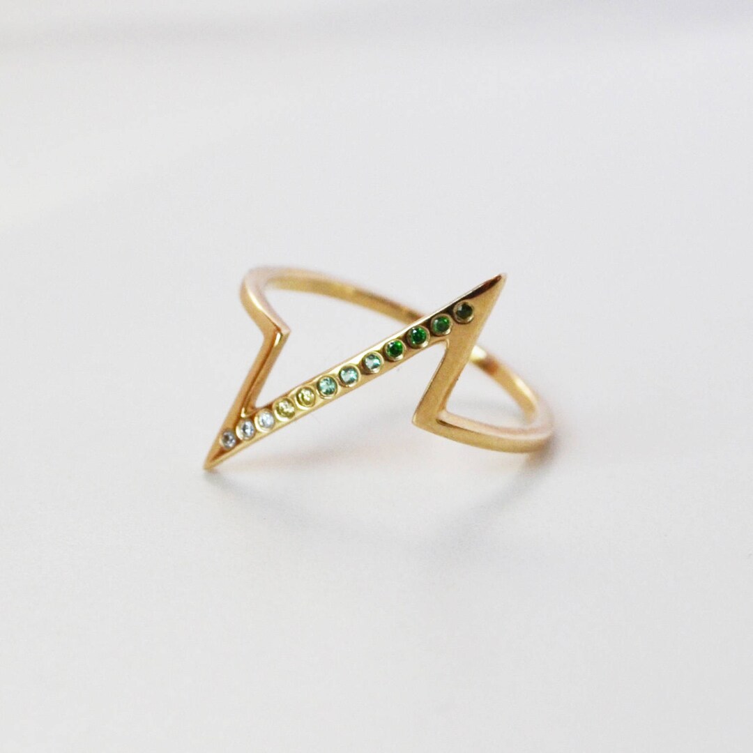 Ombre Gemstone Breakline Ring, 10K Gold Ring, Green Stone Ring, Zig Zag ...