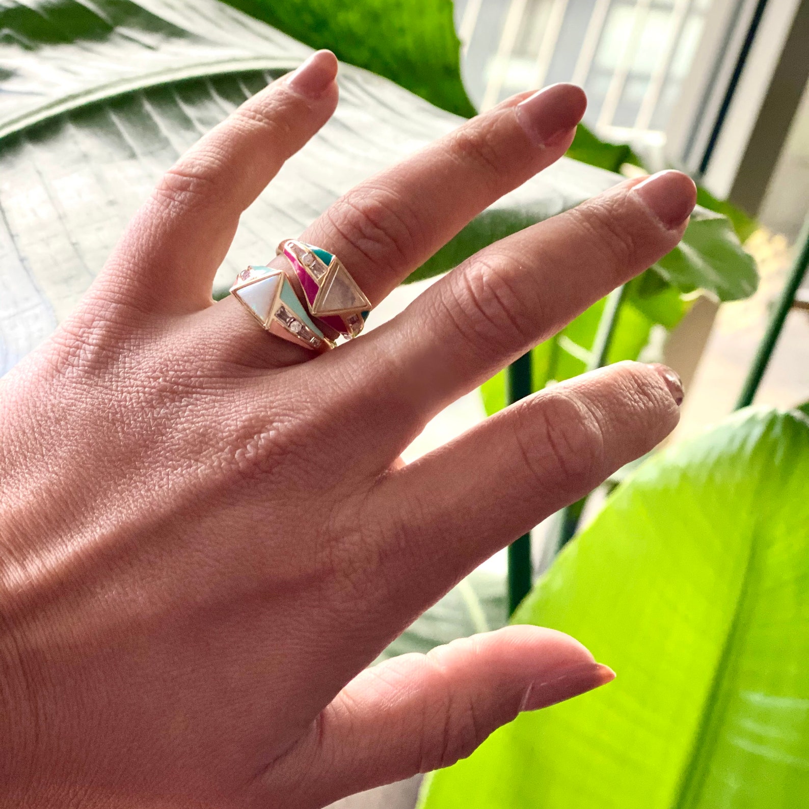 Triangle Moonstone Enamel Ring, 14K Gold Over Brass, Colorful Statement ...