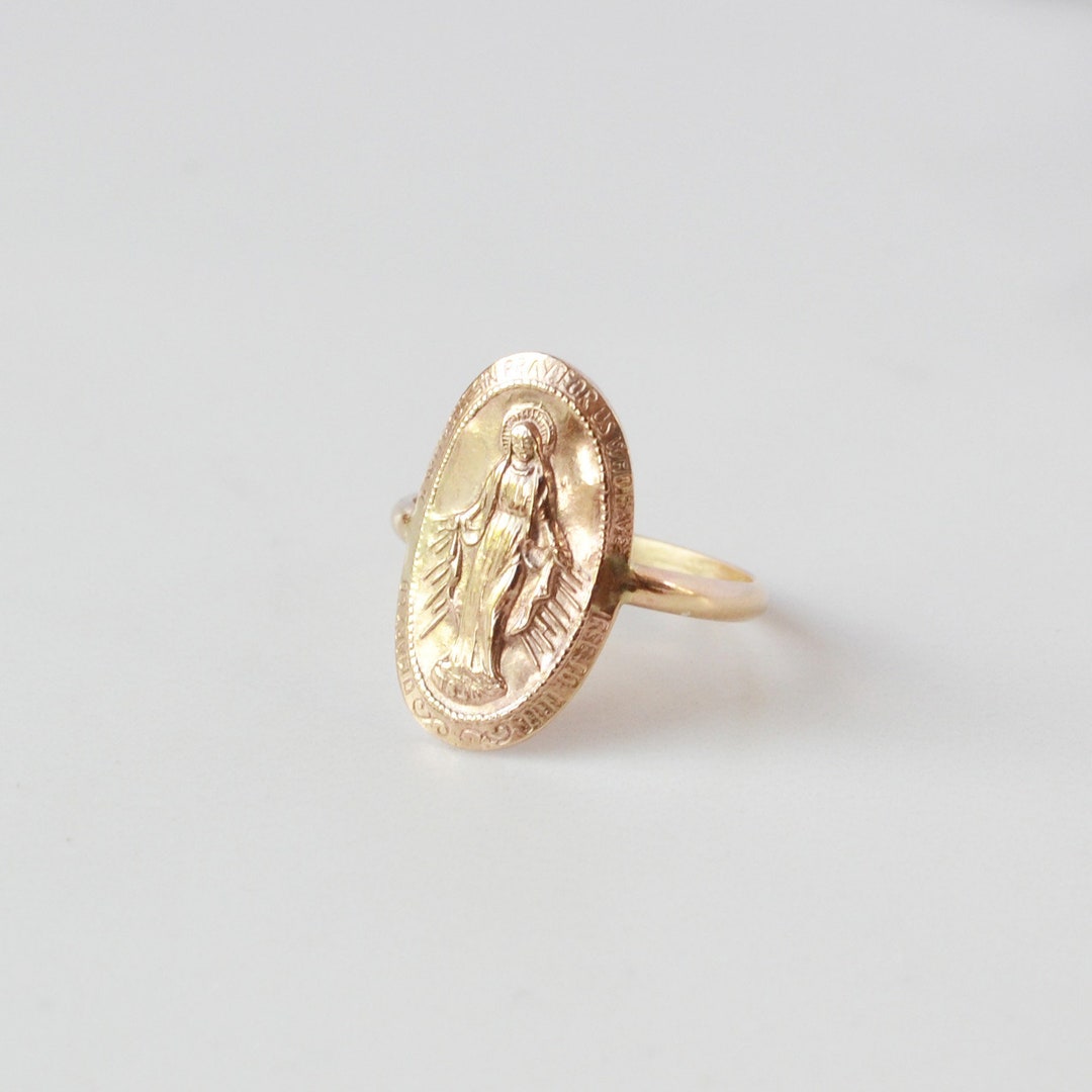 Virgin Mary Ring, 14K Gold Filled Religious Medallion Ring, Mother Mary ...
