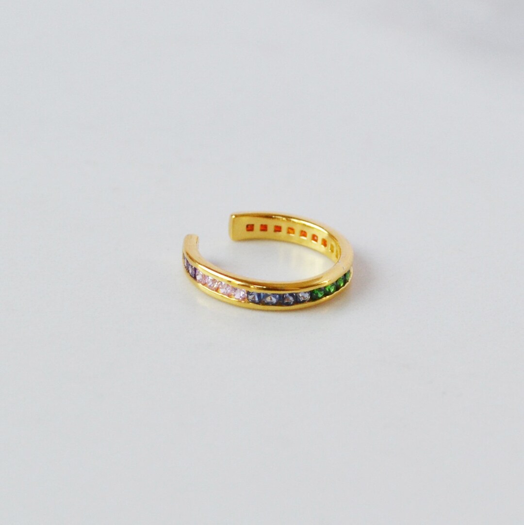Rainbow Ear Cuff, Pavé Diamond Ear Cuff, Gold Huggie Cuff, Non Pierced ...