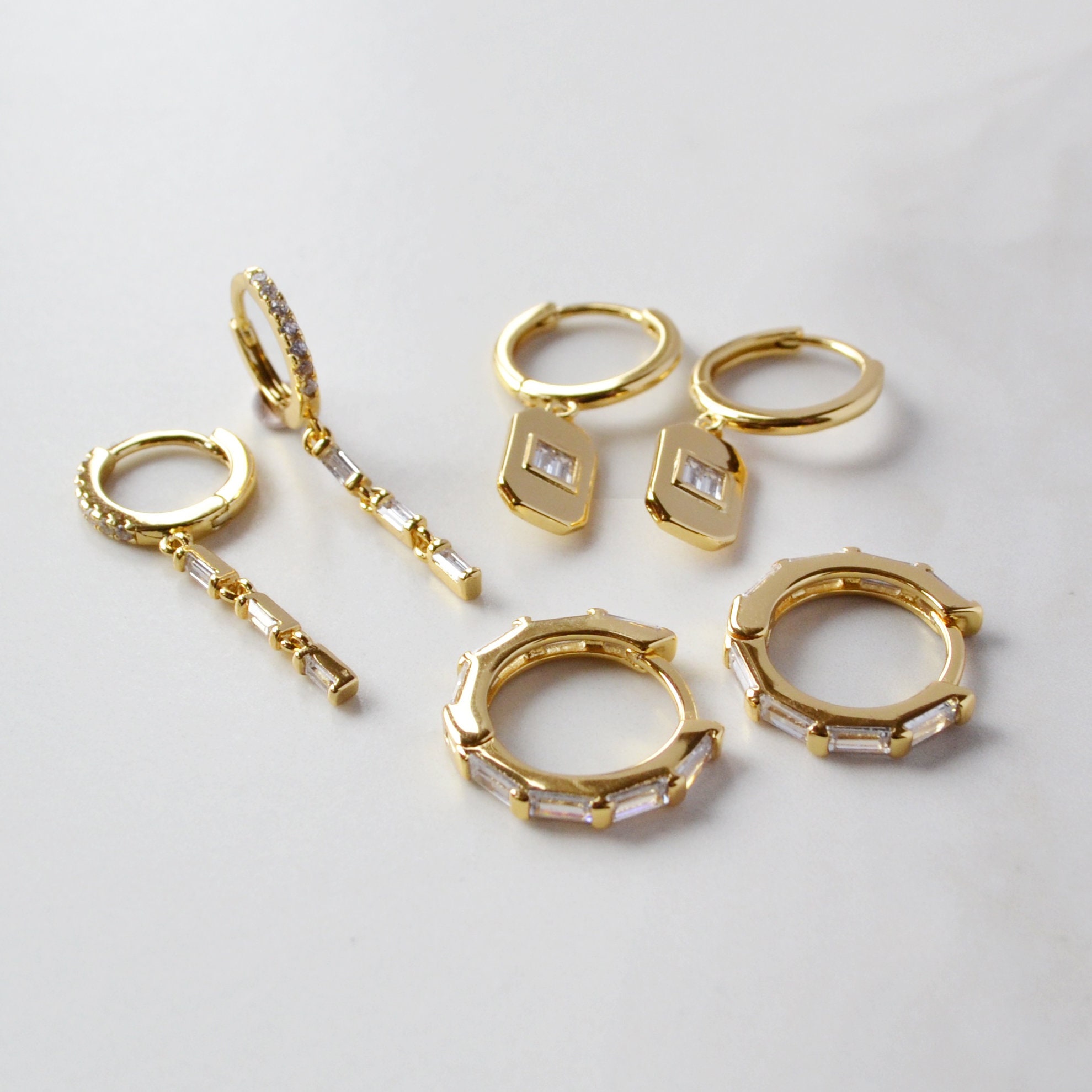 Gold Charm Hoop Earring, Small Huggie Hoop With CZ Baguette, Minimalist ...