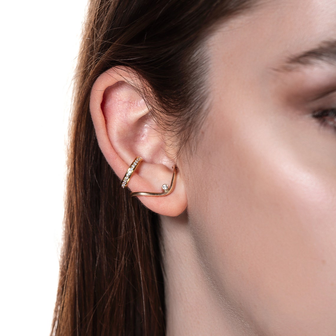Pavé Ear Cuff, Gold Diamond Gemstone Ear Cuff, No Piercing Adjustable ...