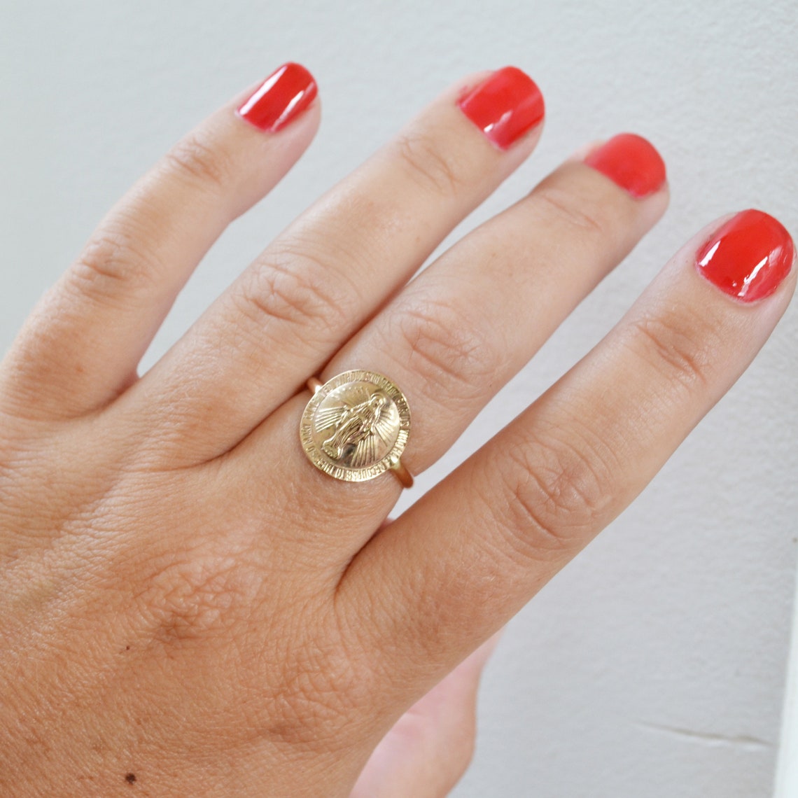 Gold Virgin Mary Ring, 14K Gold Filled Miraculous Medallion Coin Ring ...
