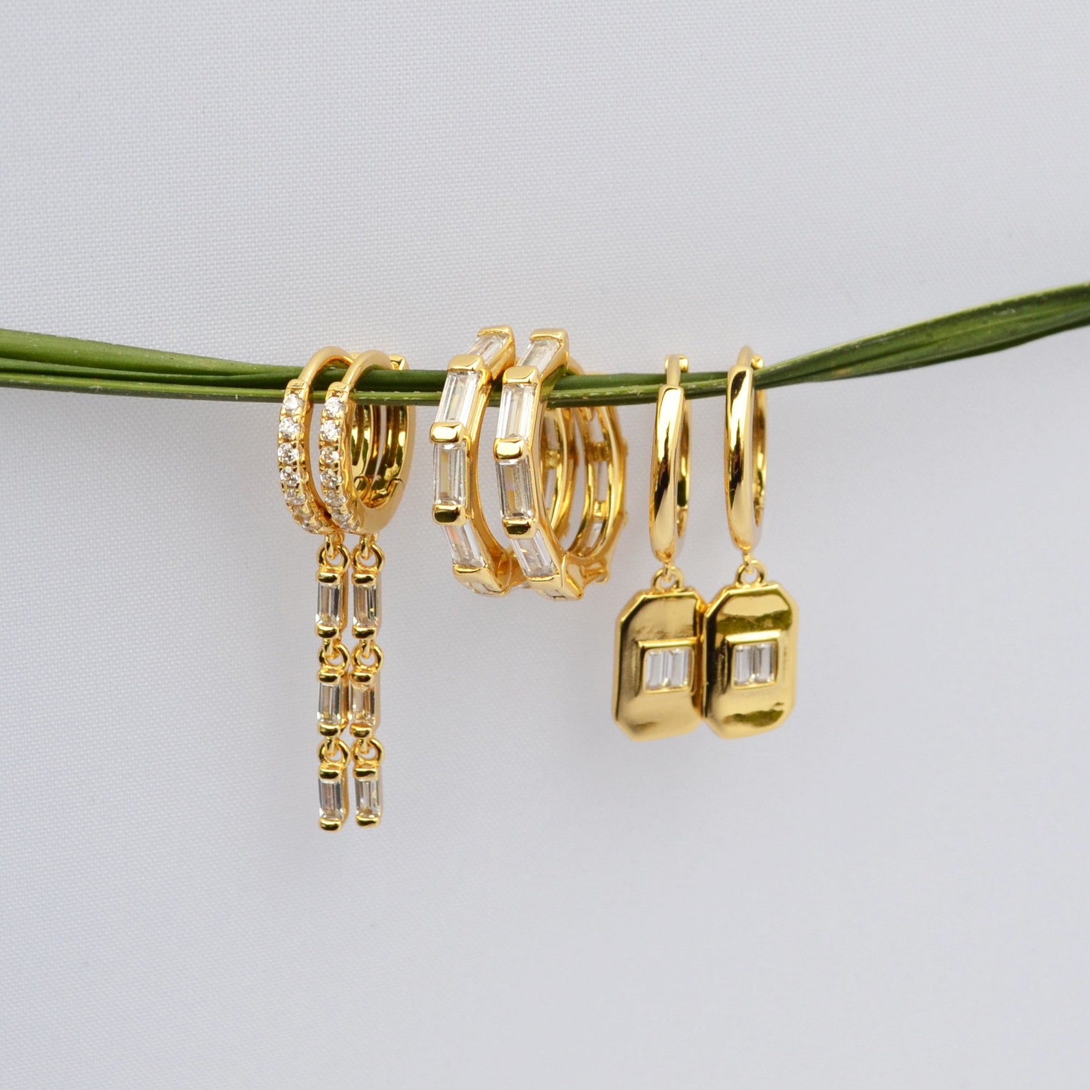 Gold Charm Hoop Earring Small Huggie Hoop with CZ Baguette | Etsy