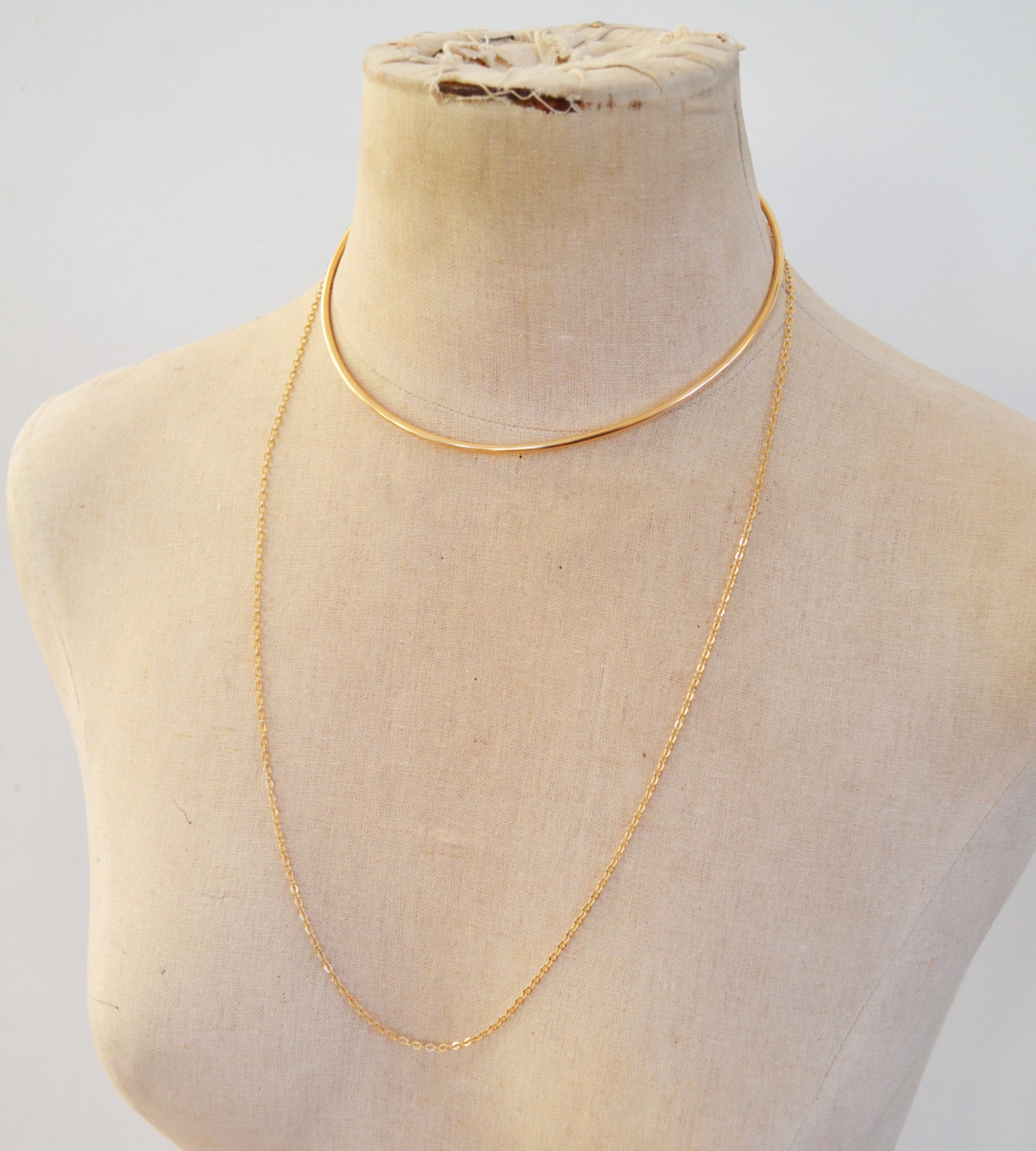 Gold Metal Choker With Long Chain, Gold Collar, Open Choker Necklace ...