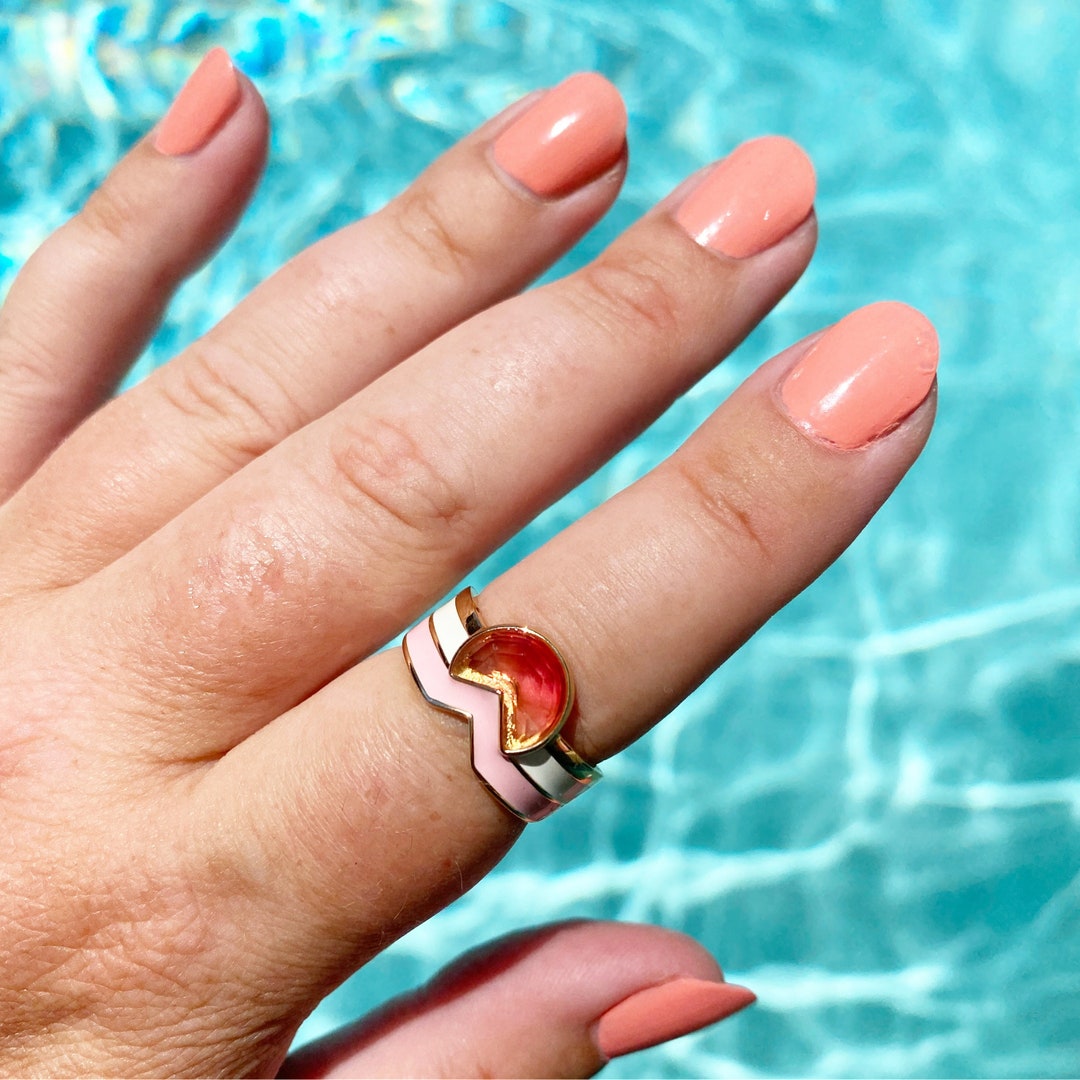 Coral Enamel Gemstone Ring, Enamel Cigar Band, 70's Jewelry, Gold Wide ...