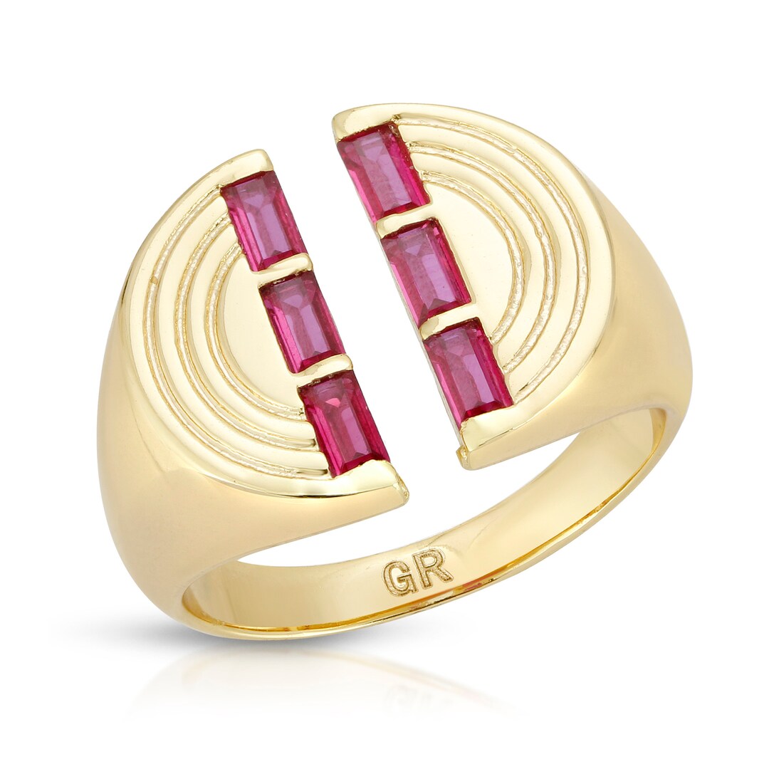 Ruby Split Signet Ring, Gold Baguette Signet, Gold Statement Ring, Ruby ...
