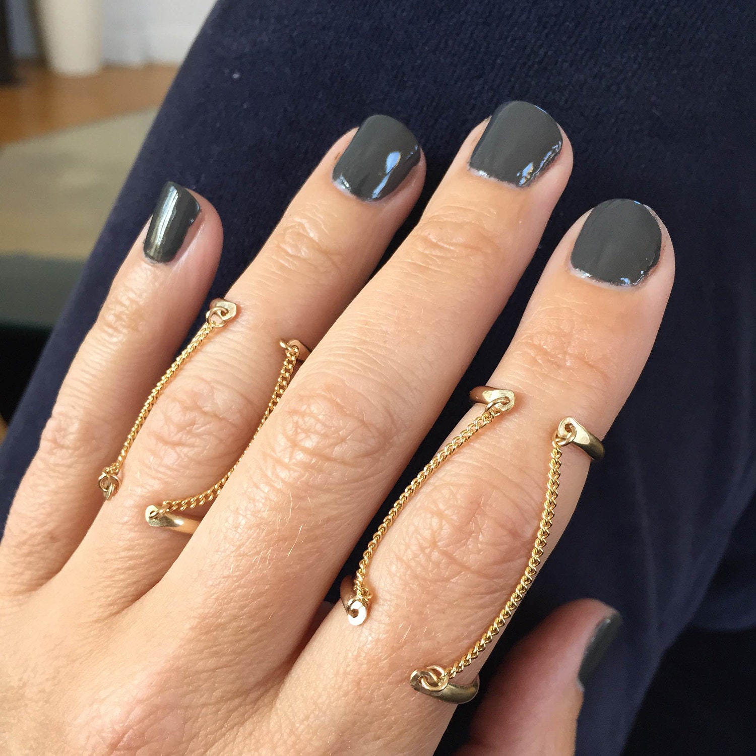 Open Cuff Double Chain Ring, Gold Filled Connected Knuckle Ring, Gold ...
