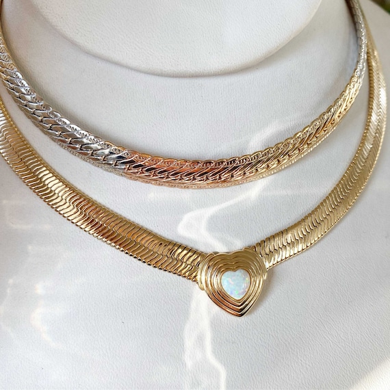 Aura Herringbone Necklace Three Color Necklace Mixed Metal Layering Necklace Thick Chain Collar Heavy Gold Chain