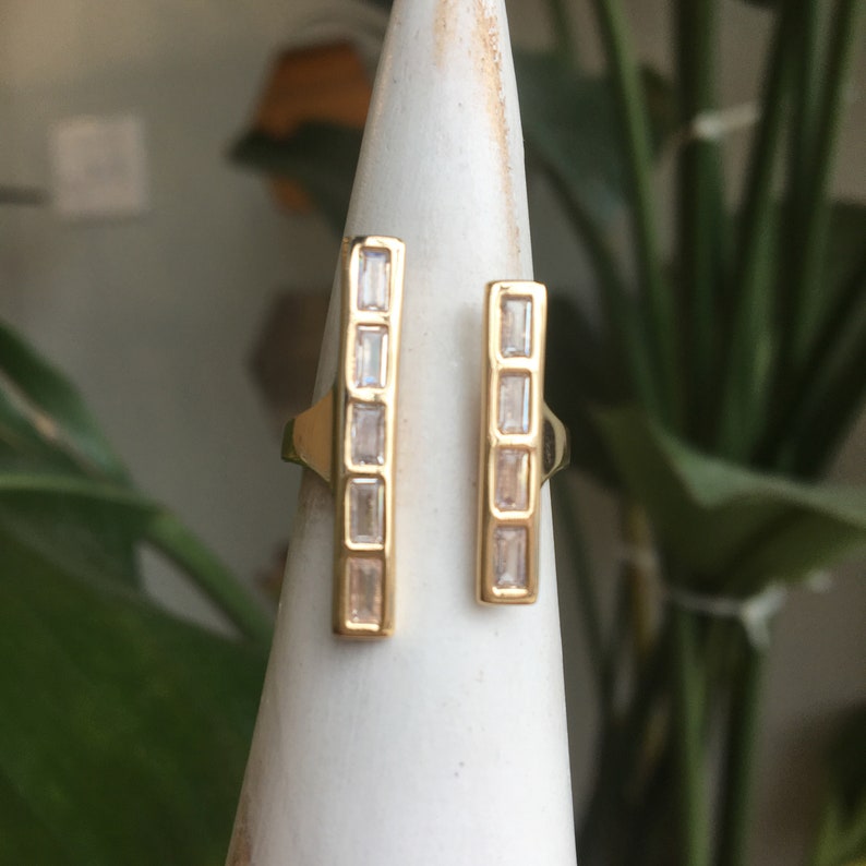 Baguette Double Bar Ring, Adjustable Parallel Bar Ring, Rectangle CZ ...