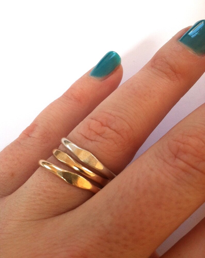 Gift Set of 3 Wave Stacking Rings, Engraved Gold Stacking Rings, Gold Filled Hammered Band, Rose ...