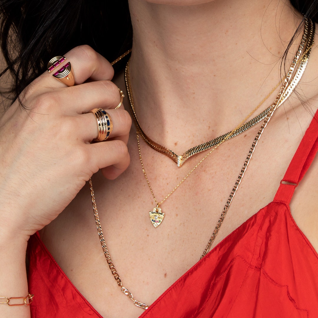 CZ Chevron Herringbone Chain Necklace, Gold Chain Collar, Gold Layering ...