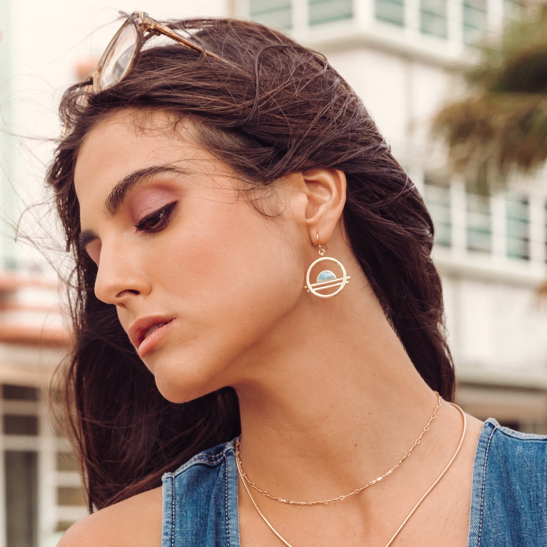 Larimar Earrings, Gold Larimar Gemstone Hoops, Half Moon Stone Crescent ...