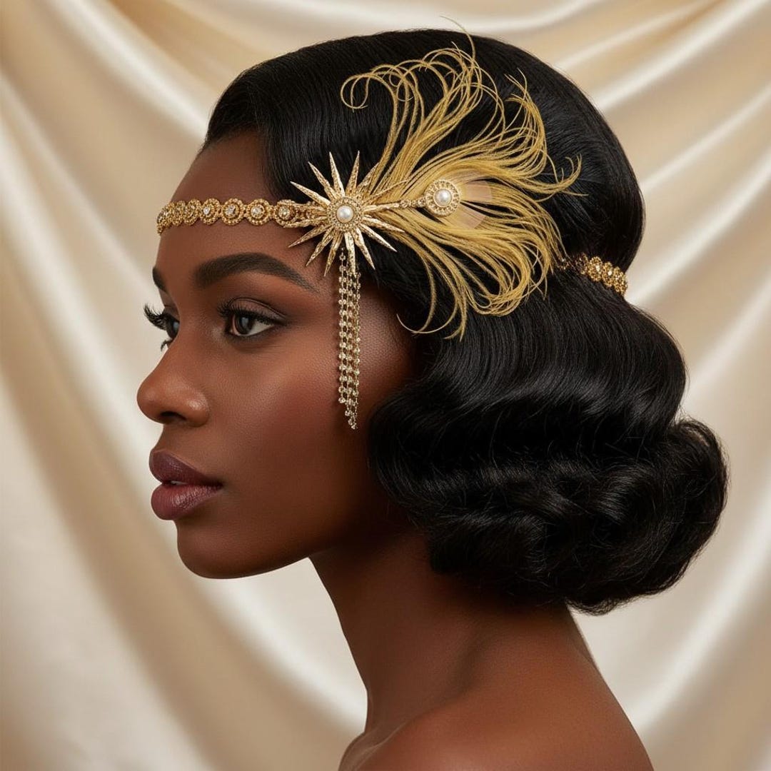 Gold Rhinestone Bridal Headpiece, Feather Wedding Headband, Art Deco ...