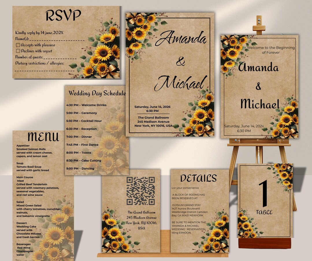 Rustic Sunflower Wedding Invitation Set Template Bundle, Kraft Paper ...
