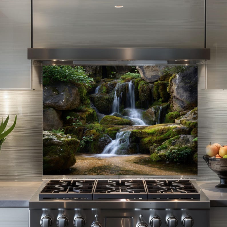 Waterfall Glass Backsplash, Nature Kitchen Wall Panel, Forest Stream ...