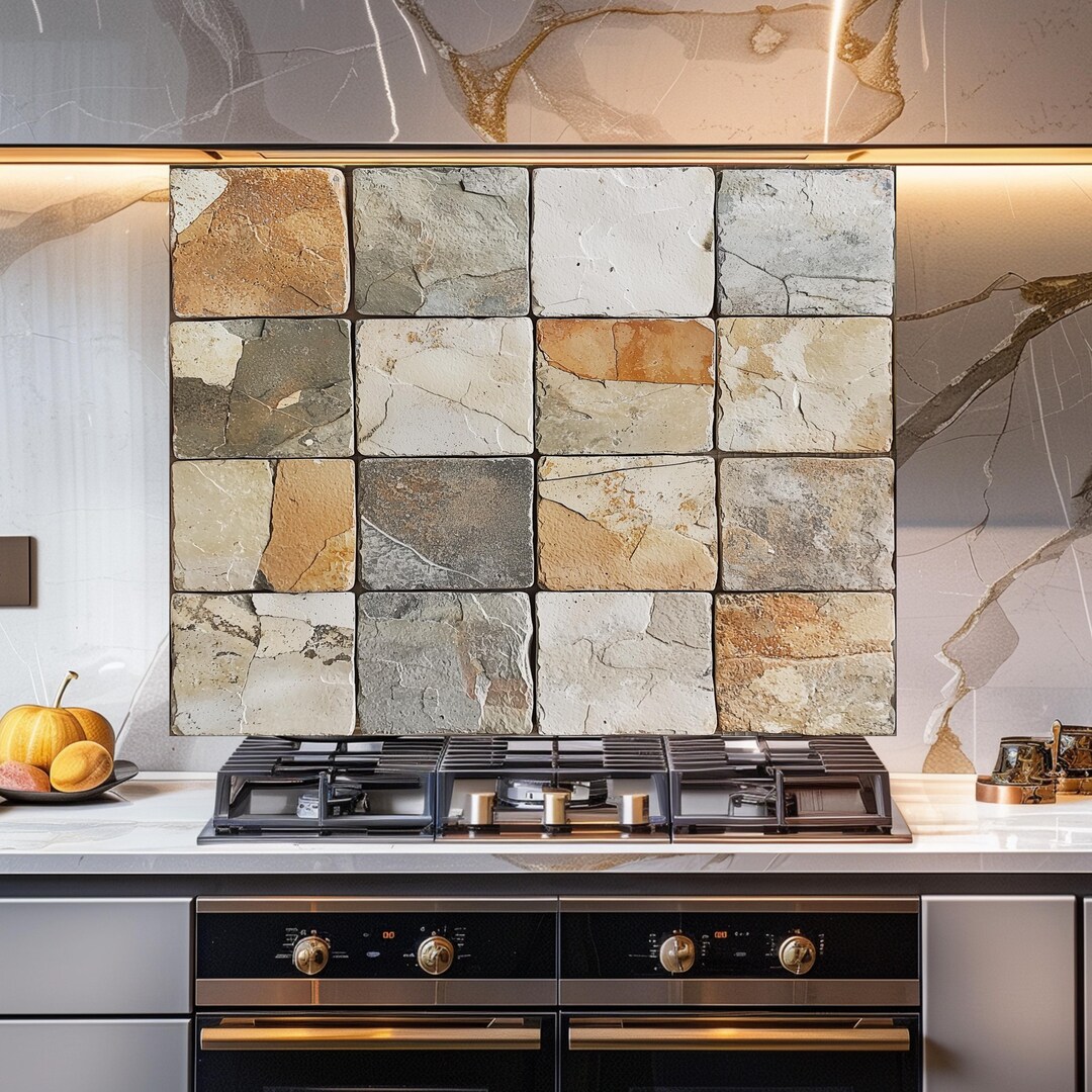 Rustic Stone Tile Glass Backsplash, Neutral Kitchen Wall Panel, Heat ...