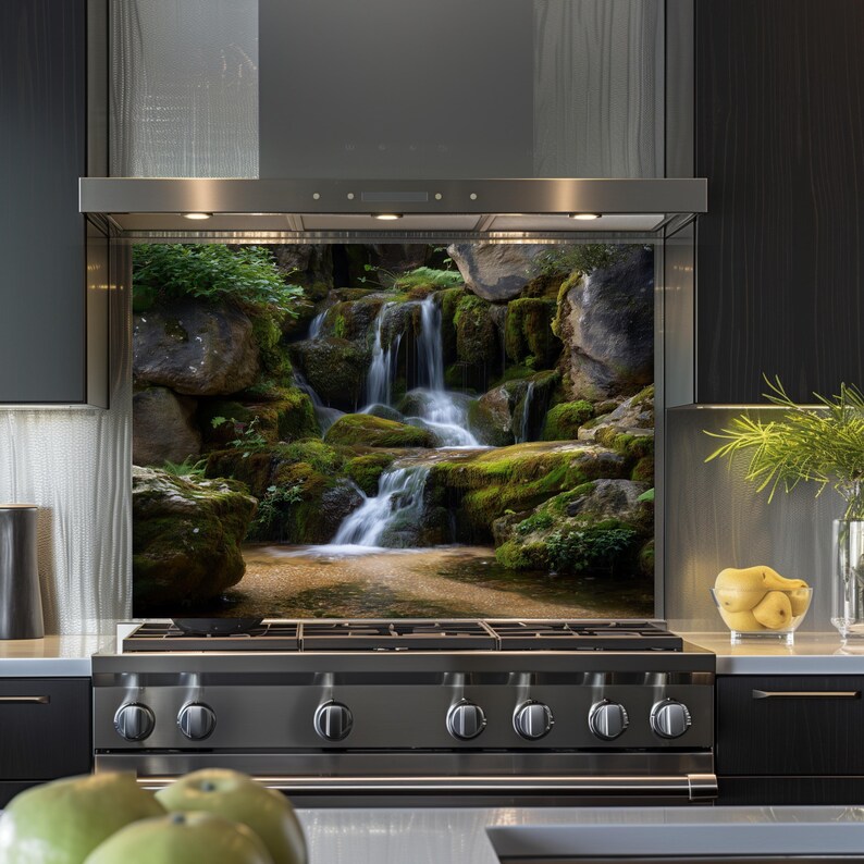 Waterfall Glass Backsplash, Nature Kitchen Wall Panel, Forest Stream ...
