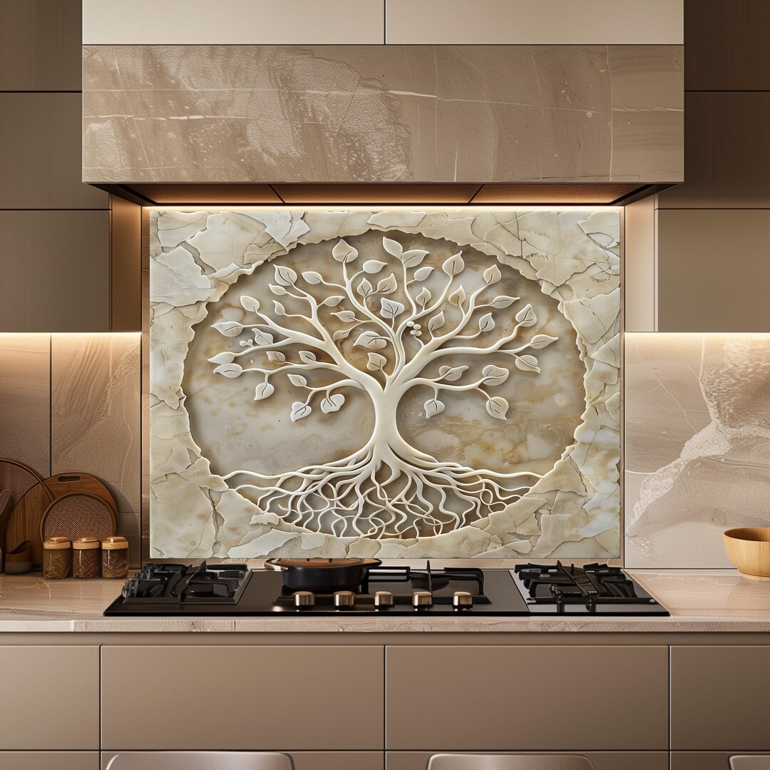 Tree of Life Glass Backsplash, Beige Stone Look Kitchen Stove ...