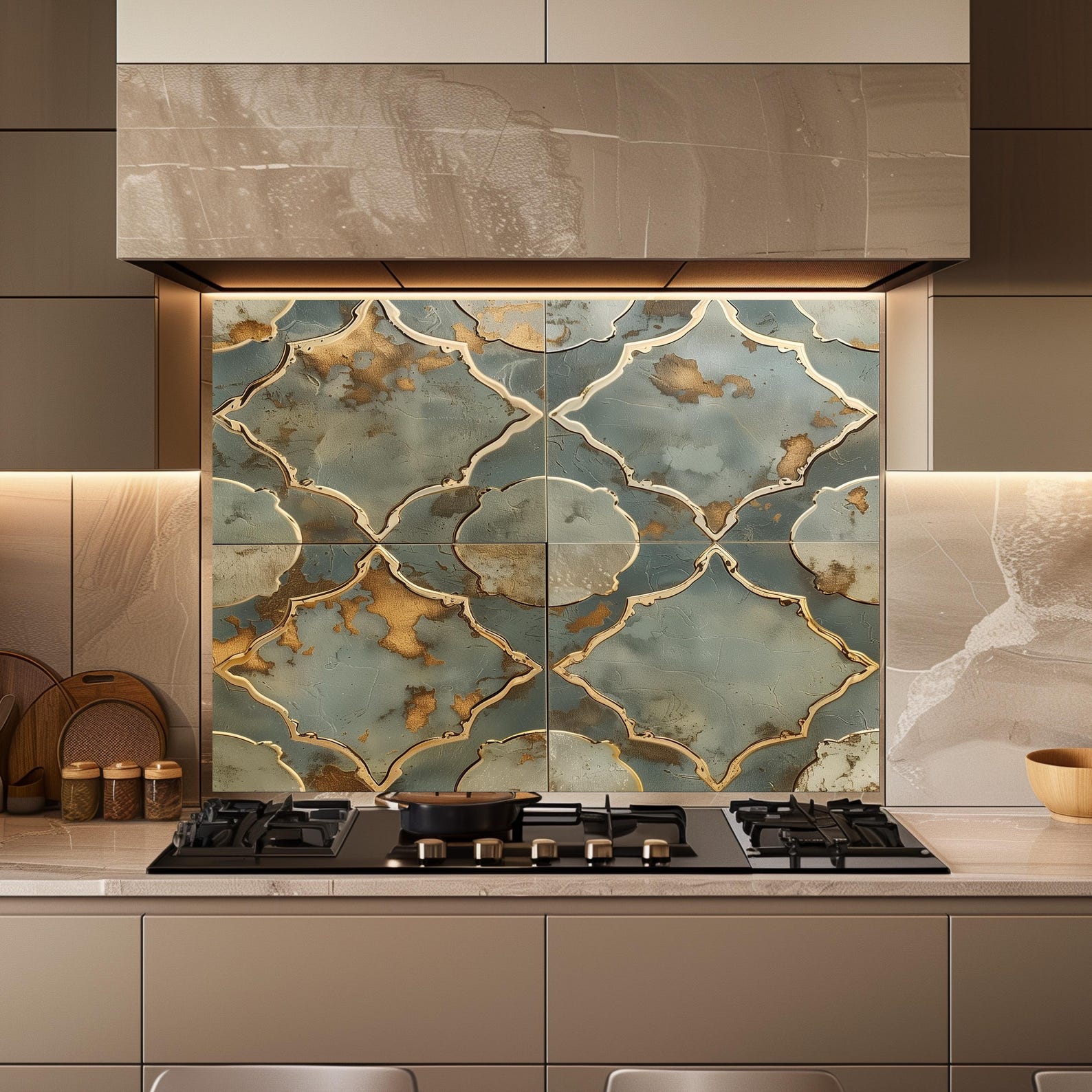 Luxury Teal Gold Moroccan Tile Glass Backsplash Panel Kitchen Wall ...