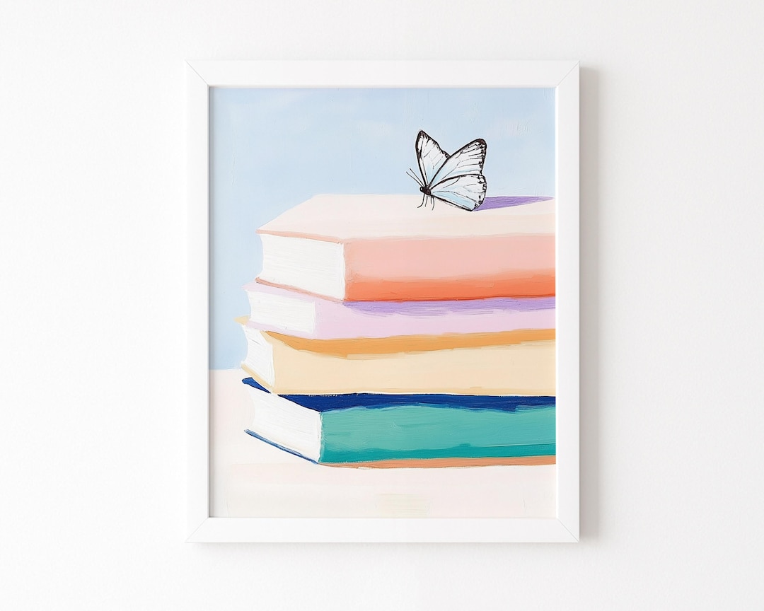 Pastel Book Stack Art Print, Cottagecore Minimalist Painting, Cozy ...