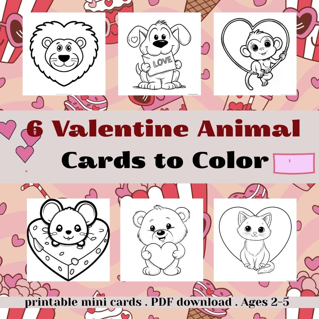Animal Valentine Coloring Cards – Kids Printable (PDF Download - Etsy