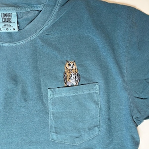 Embroidered Great Horned Owl Pocket Tee – Unisex Cotton Bird Lover ...