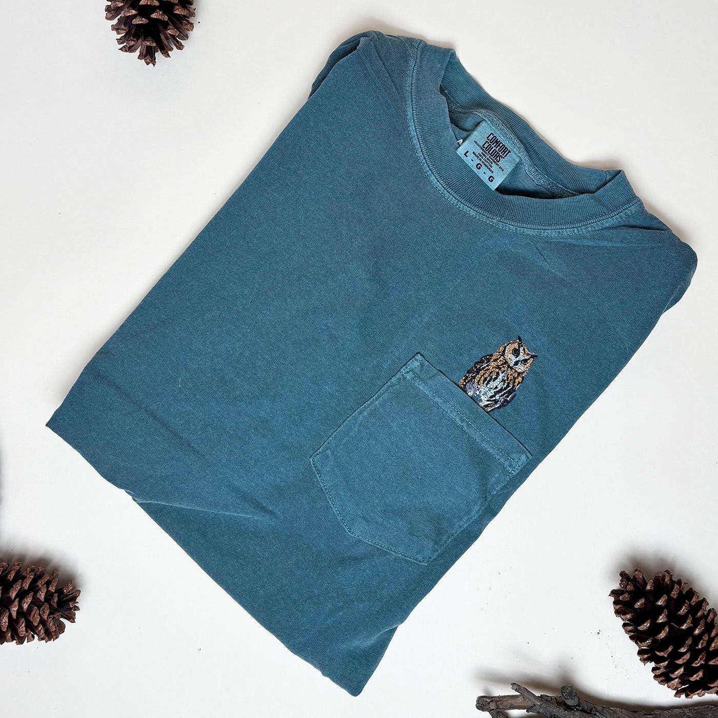 Embroidered Great Horned Owl Pocket Tee – Unisex Cotton Bird Lover ...