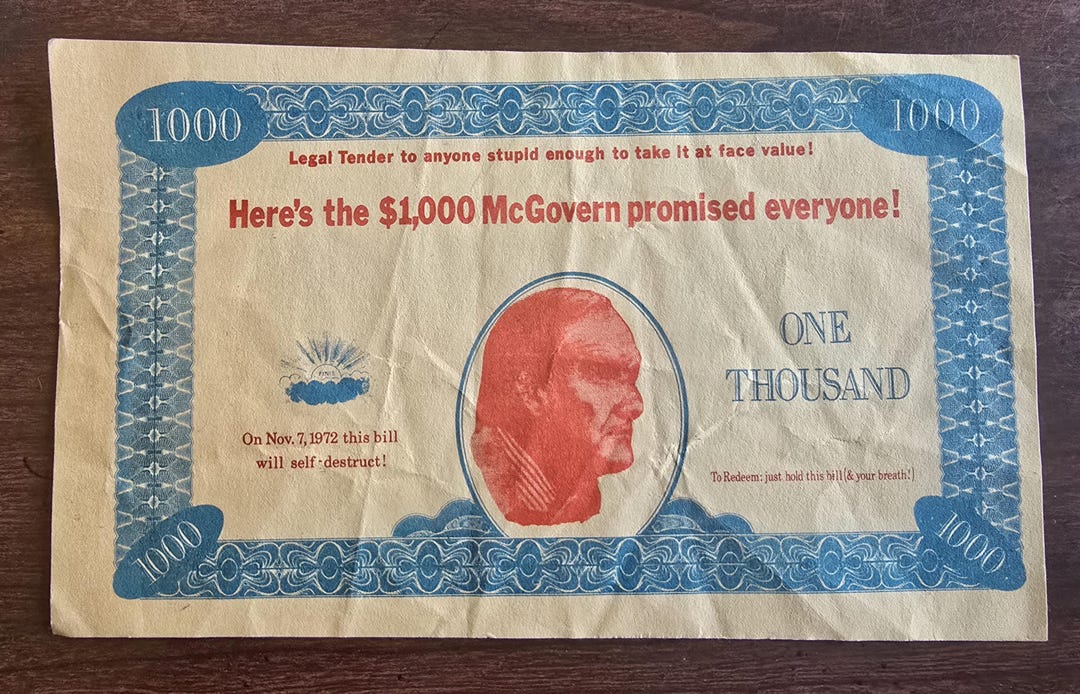 1972 Mcgovern 1,000 Dollar Campaign Bill | Vintage Political Satire ...