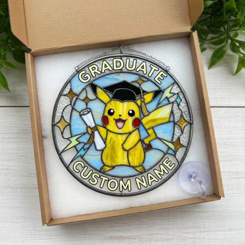 Pikachu Stained Glass Suncatcher, Personalized Name Graduation Gift ...
