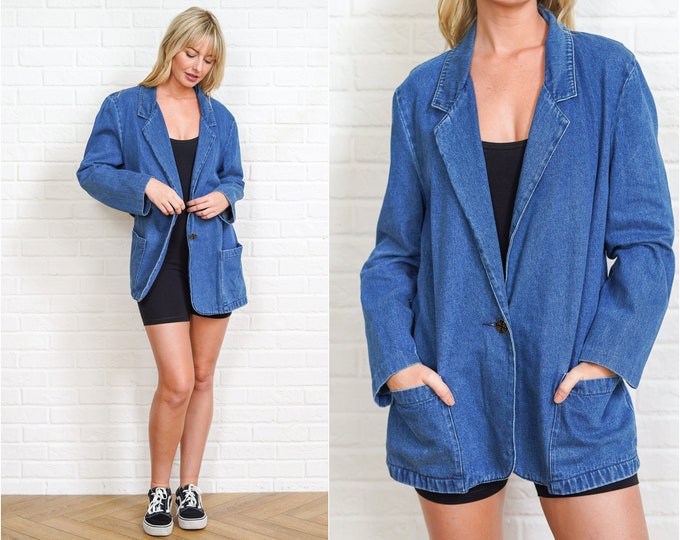 90s Blue Jean Denim Jacket Vintage Oversize Blazer One Size - Etsy