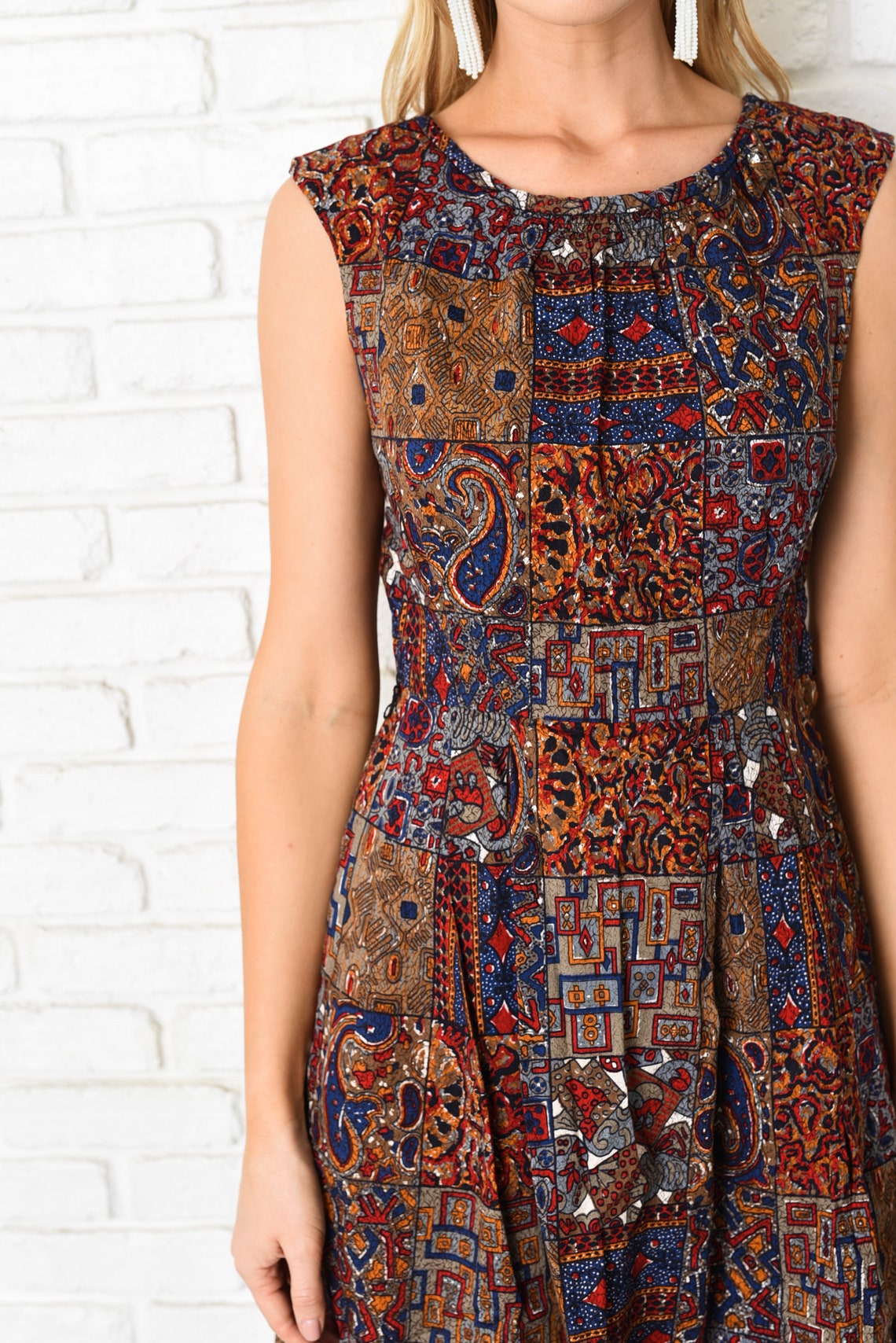 Vintage 60s Navy Blue Patchwork Print Geometric Abstract A | Etsy