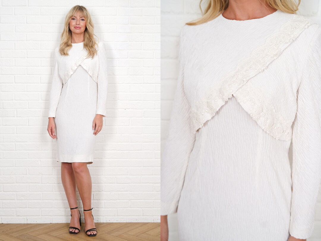 90s White Retro Dress Vintage Secretary Long Sleeve Knee Length Crinkle ...