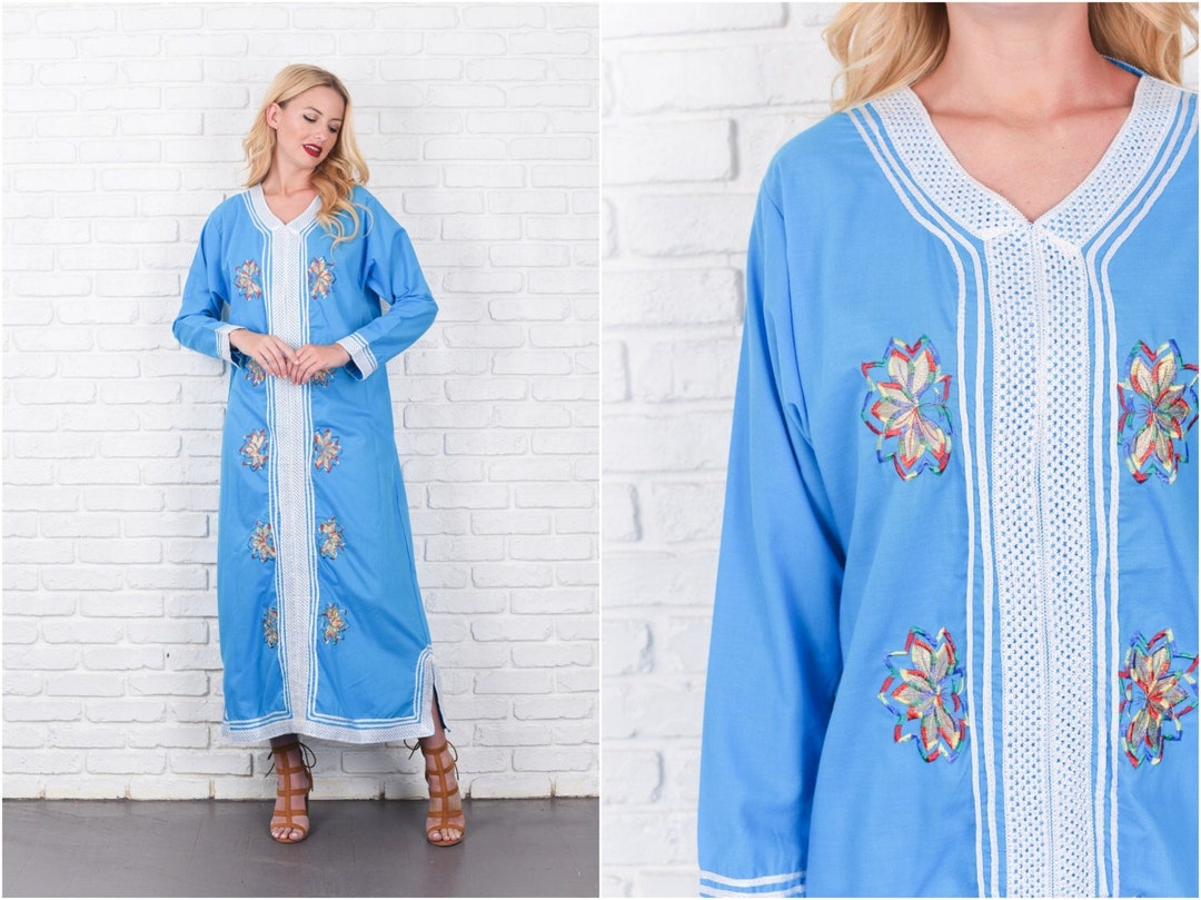 Vintage 70s Blue Hippie Boho Dress Embroidered Flower Ethnic - Etsy