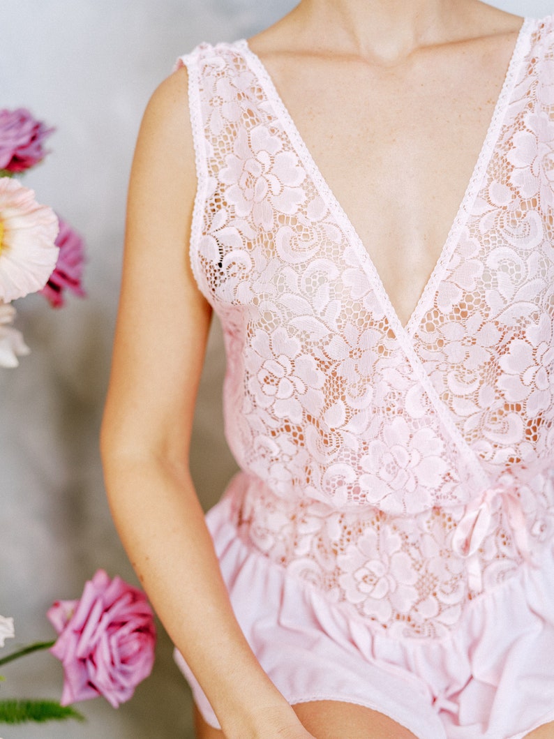Vintage 80s Pink Sheer Lace Teddie Teddy Lingerie Romper Etsy