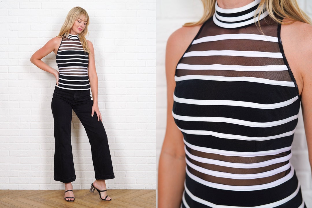 90s 00s Mesh Cutout Top Vintage Tube Top Striped Textured Choker High ...