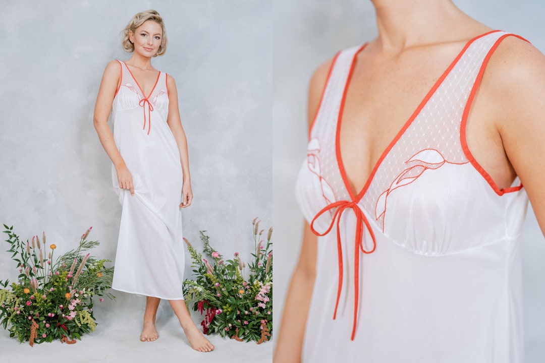 Vintage 60s 70s White Red Mesh Sheer Bow Tie Boudoir Lingerie Nightgown Slip Dress Nighty ...